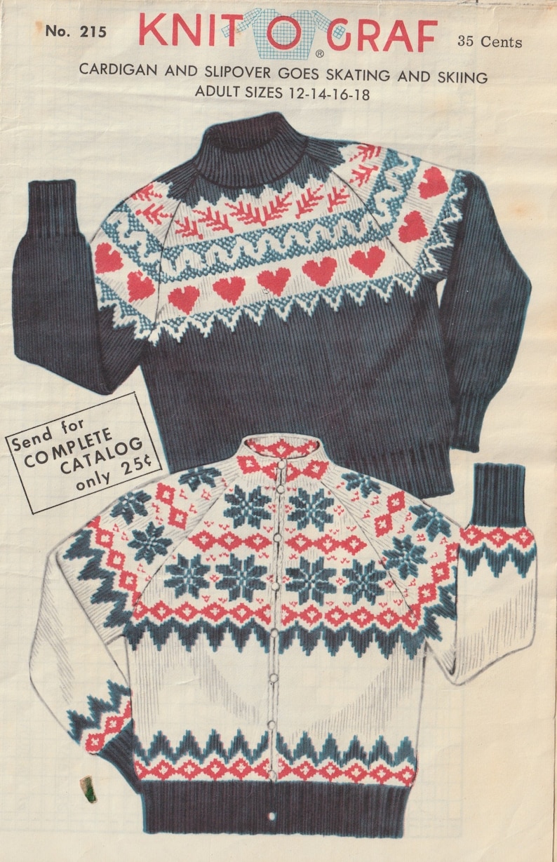 Knit O Graf Vintage 1955 Skating and Skiing Sweaters With Hearts and ...