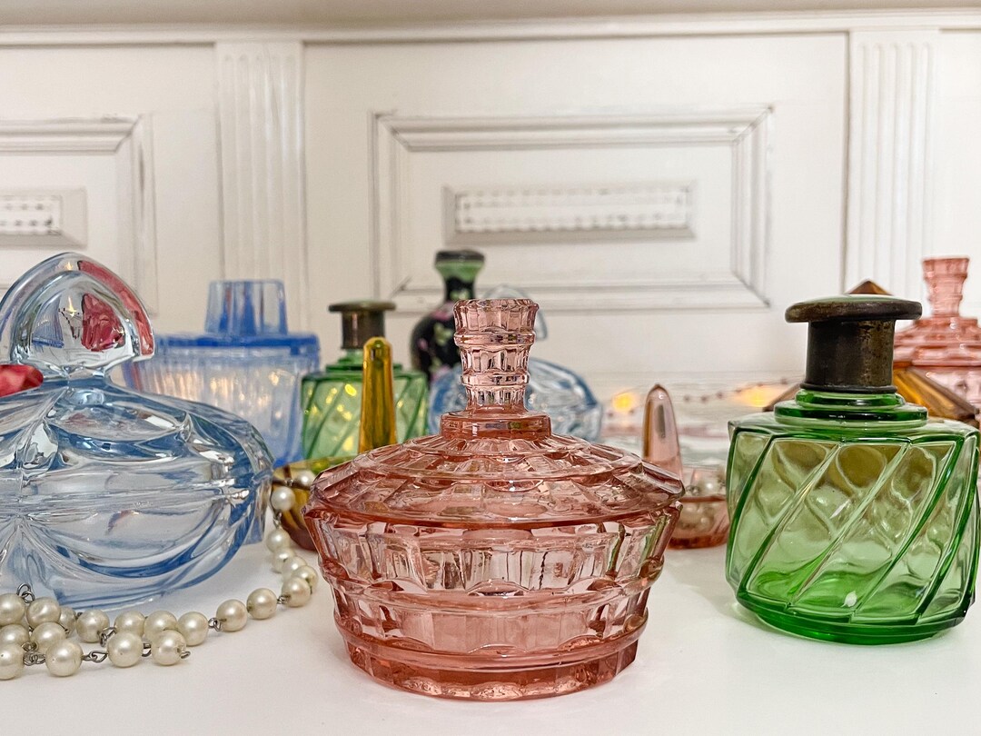 Vintage Glass Vanity Pot/ Pressed Glass Powder Pot / Perfume Bottle ...