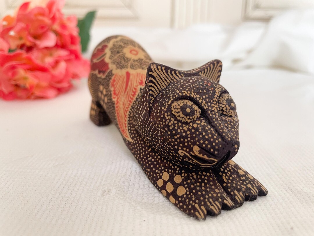 Vintage Cat Batik Painted Wooden Cat Figure / 90's Decor/ Indonesian ...