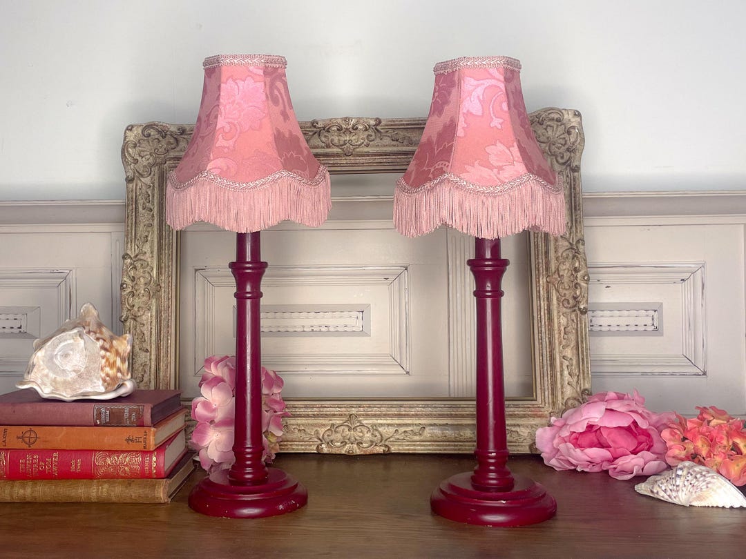 Vintage Pair of Lamp Bases, Burgundy Boho Wooden Bedside Lamps, Rustic ...