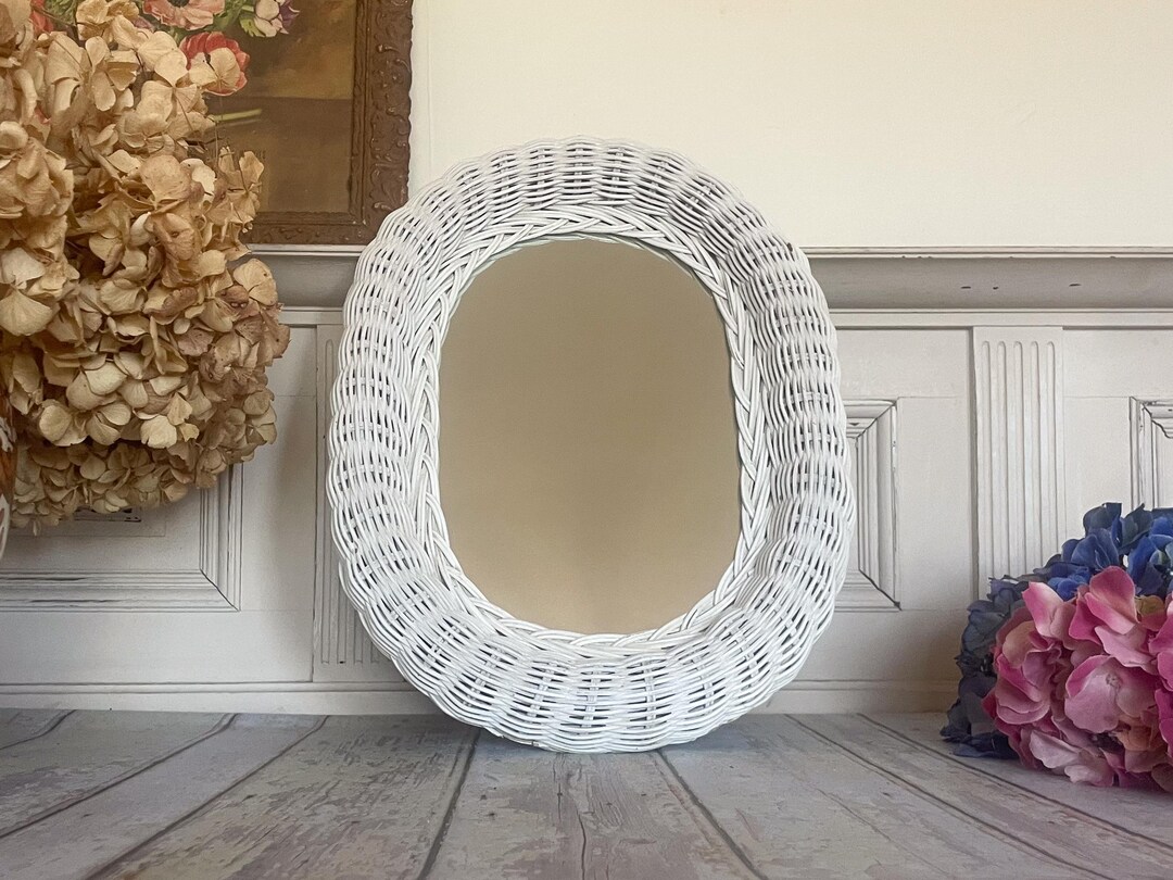 Vintage Wicker Mirror /white Oval Wall Accent /coastal /beach/ Bohemian ...
