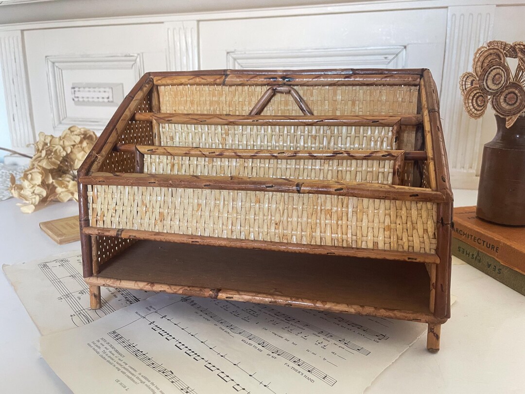 Vintage Bamboo and Rattan Letter Rack /boho Desk Storage Tidy / Wicker ...