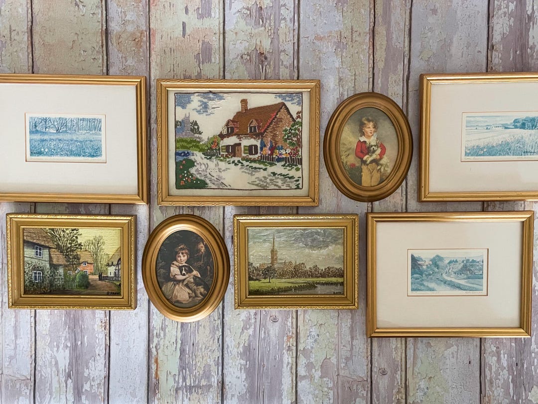 Vintage Gold Frame Wall Art: Signed Landscape Print, Embroidery, or Oil ...