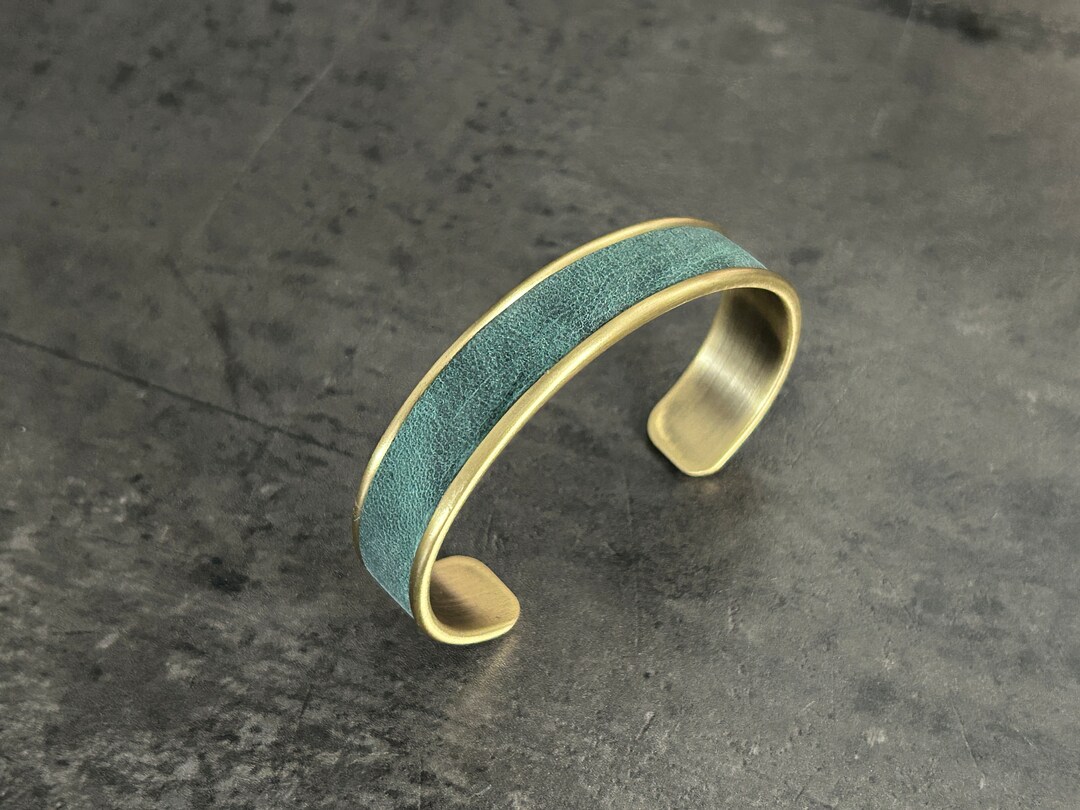 Matte Gold Cuff Bracelet in Aged Dark Green Leather - Etsy