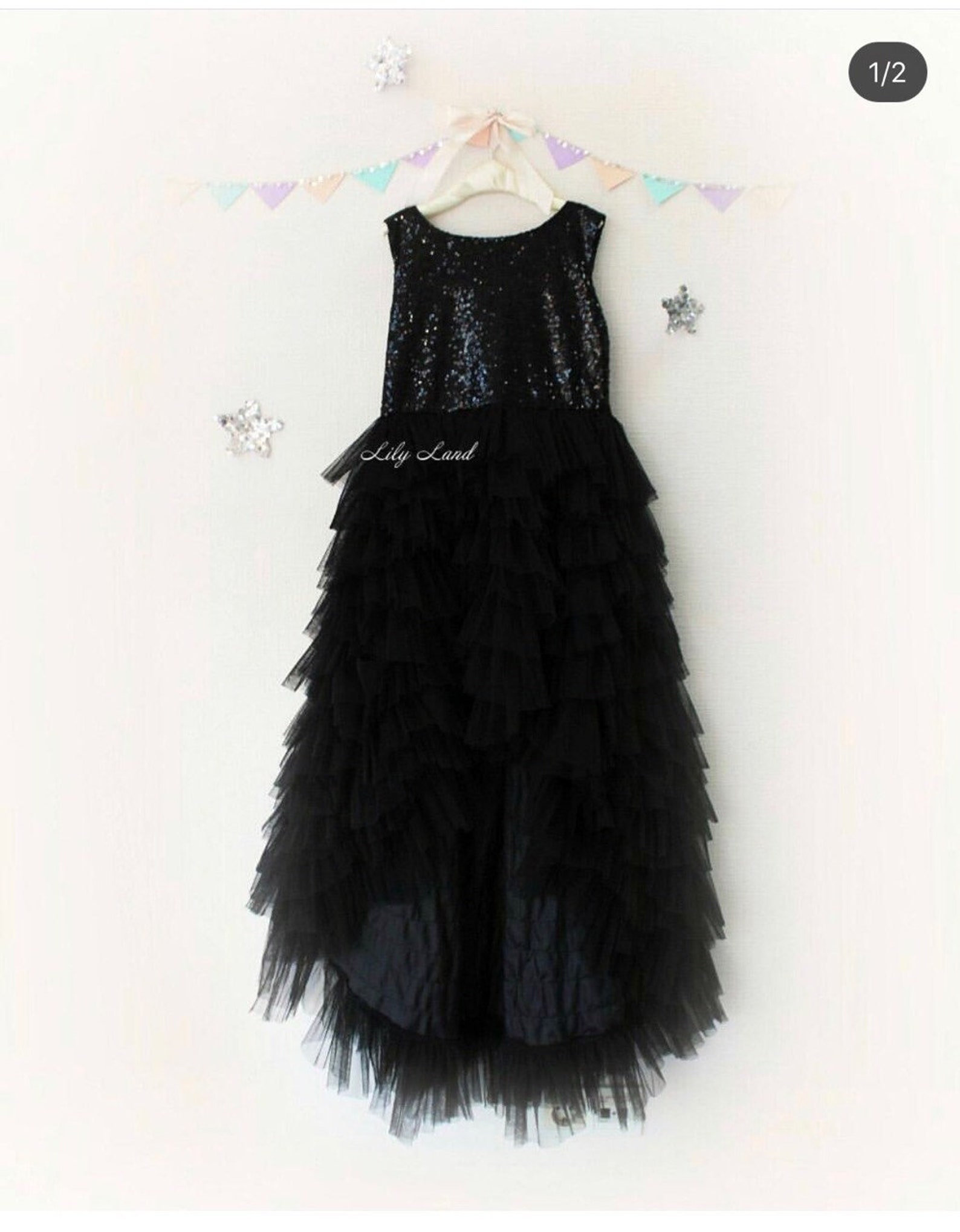 Black Flower Girl Dress Girl Sequin Dress With Train Dresses Etsy