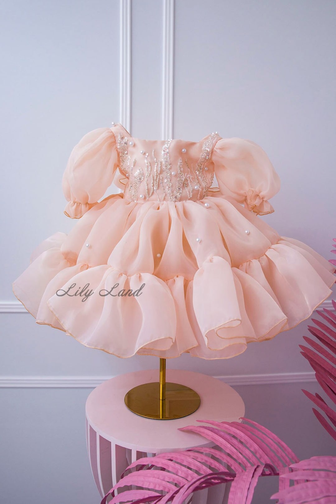 Peach Pearls Tutu Puffy Flower Girl Dress, First Baby Birthday Party Dress, Princess Girl Gown ...