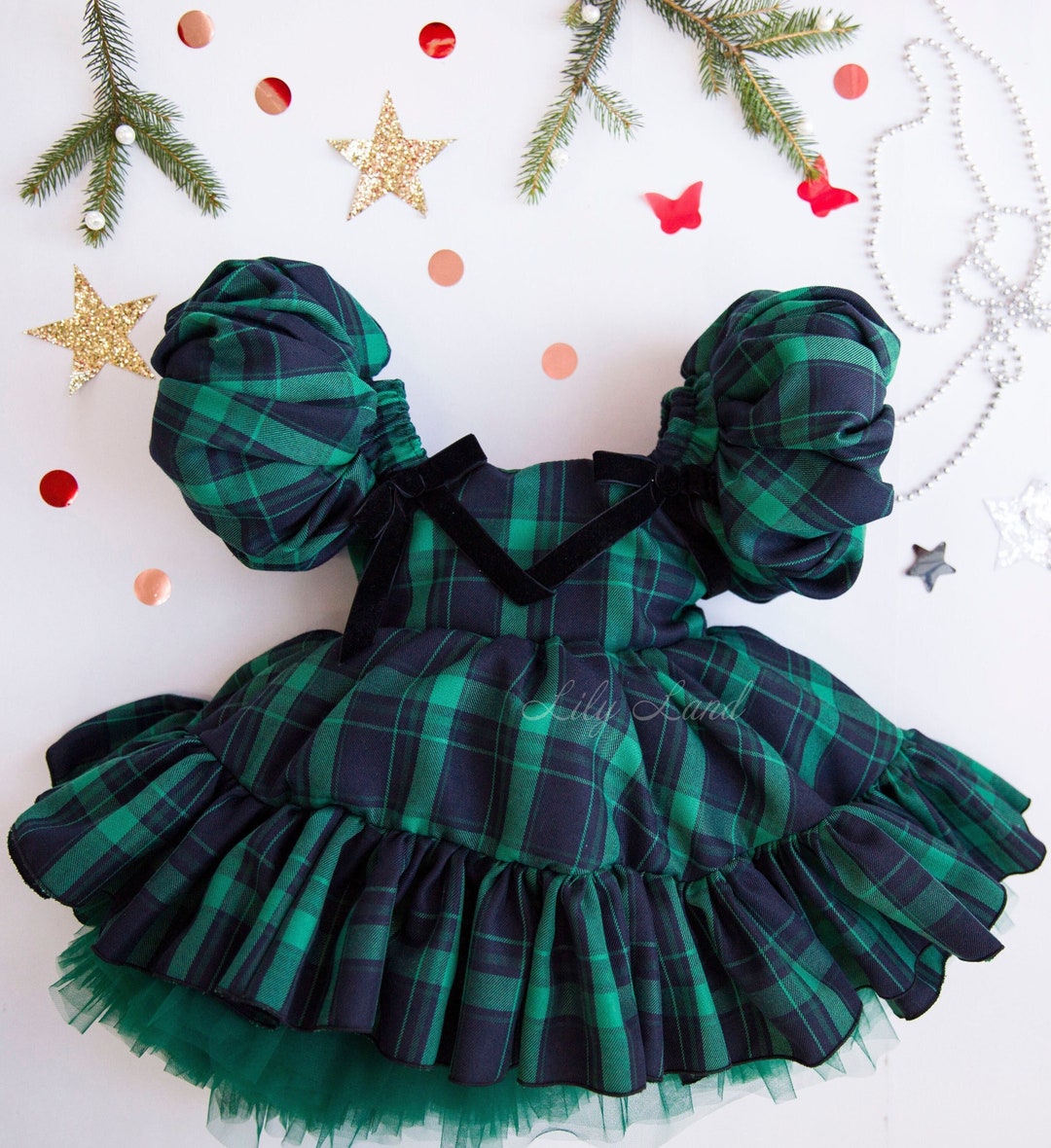 Christmas Baby Girl Dress, Green Plaid Dress, Short Puffy Sleeve, Tutu ...