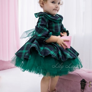Green Christmas Toddler Dress, Plaid Christmas Girl Gown, Long Sleeve ...