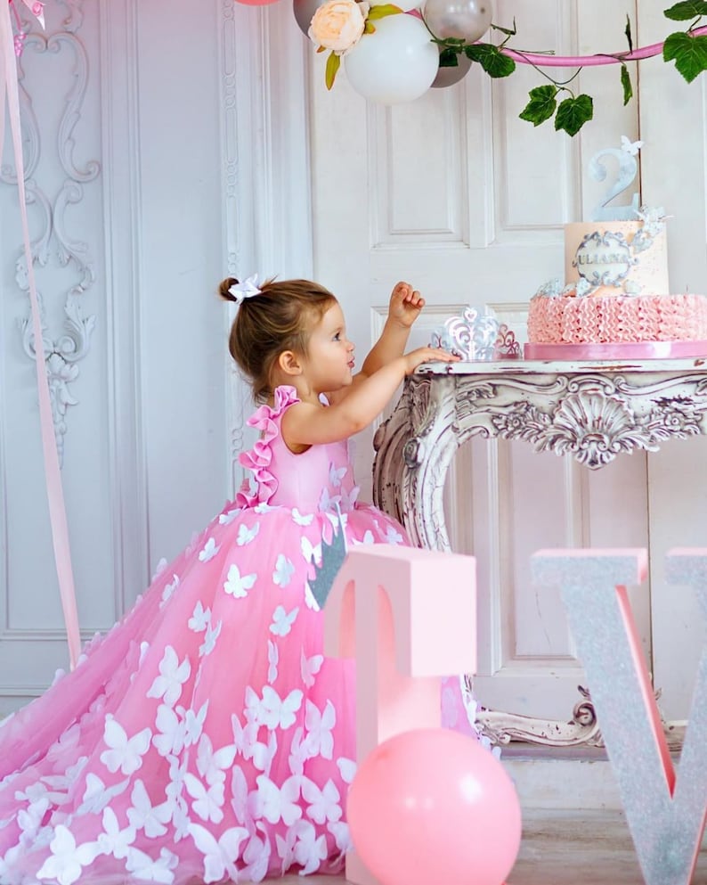 Butterfly Applique Dress Pink Flower Girl Dress Dress With Butterfly ...