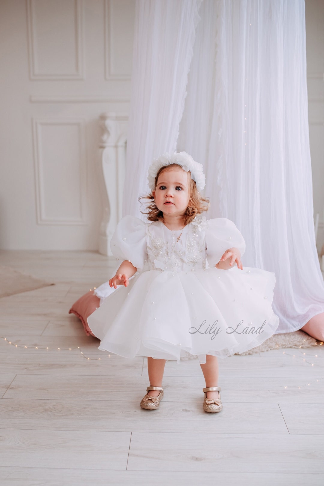 White Pearls Flower Girl Dress Infant First Birthday Baby Dress Tutu ...