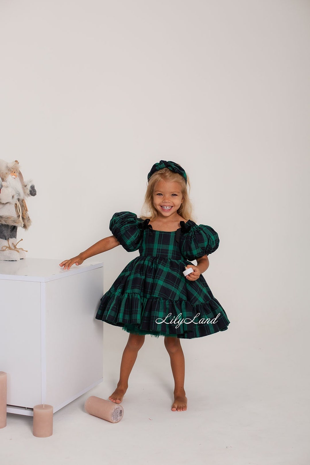 Green Plaid Christmas Baby Girl Dress, Short Puffy Sleeve, Tutu Flannel ...