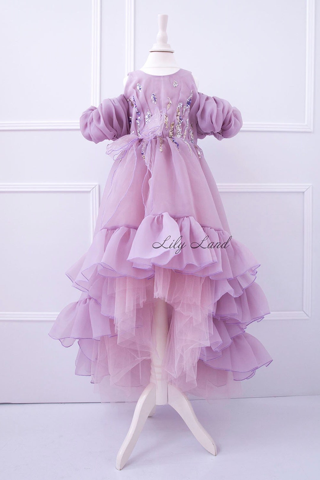 Lilac Prom Ball Dress, Puffy Long Sleeve Graduaction Gown, Flower Girl ...