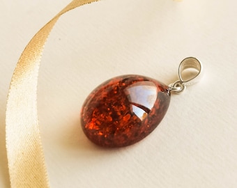 Deep Red Amber Teardrop Pendant With Silver 925, Luxury Faceted Genuine ...