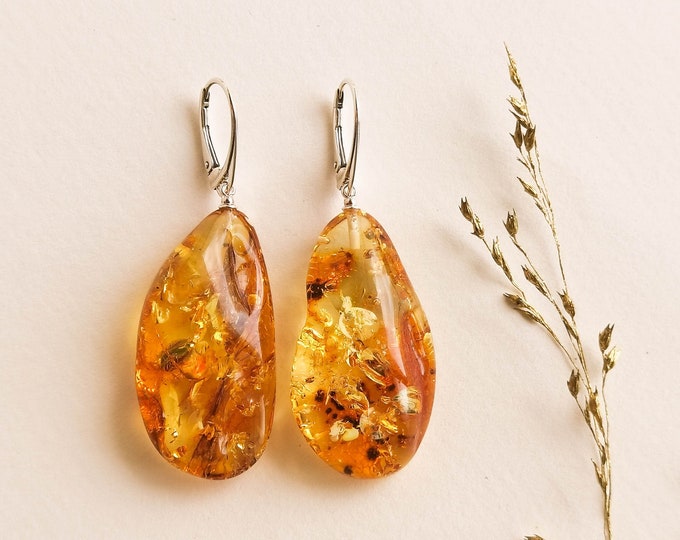 Large Triangle Shape Natural Amber Earrings With Silver for - Etsy