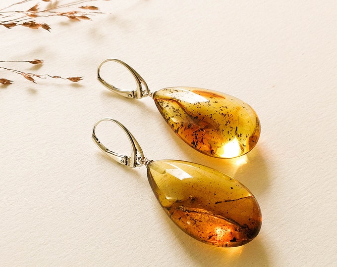 Large Triangle Shape Natural Amber Earrings With Silver for - Etsy