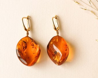 Large Triangle Shape Natural Amber Earrings With Silver for - Etsy