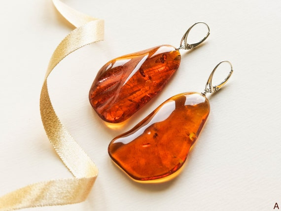 Large Triangle Shape Natural Amber Earrings With Silver for - Etsy