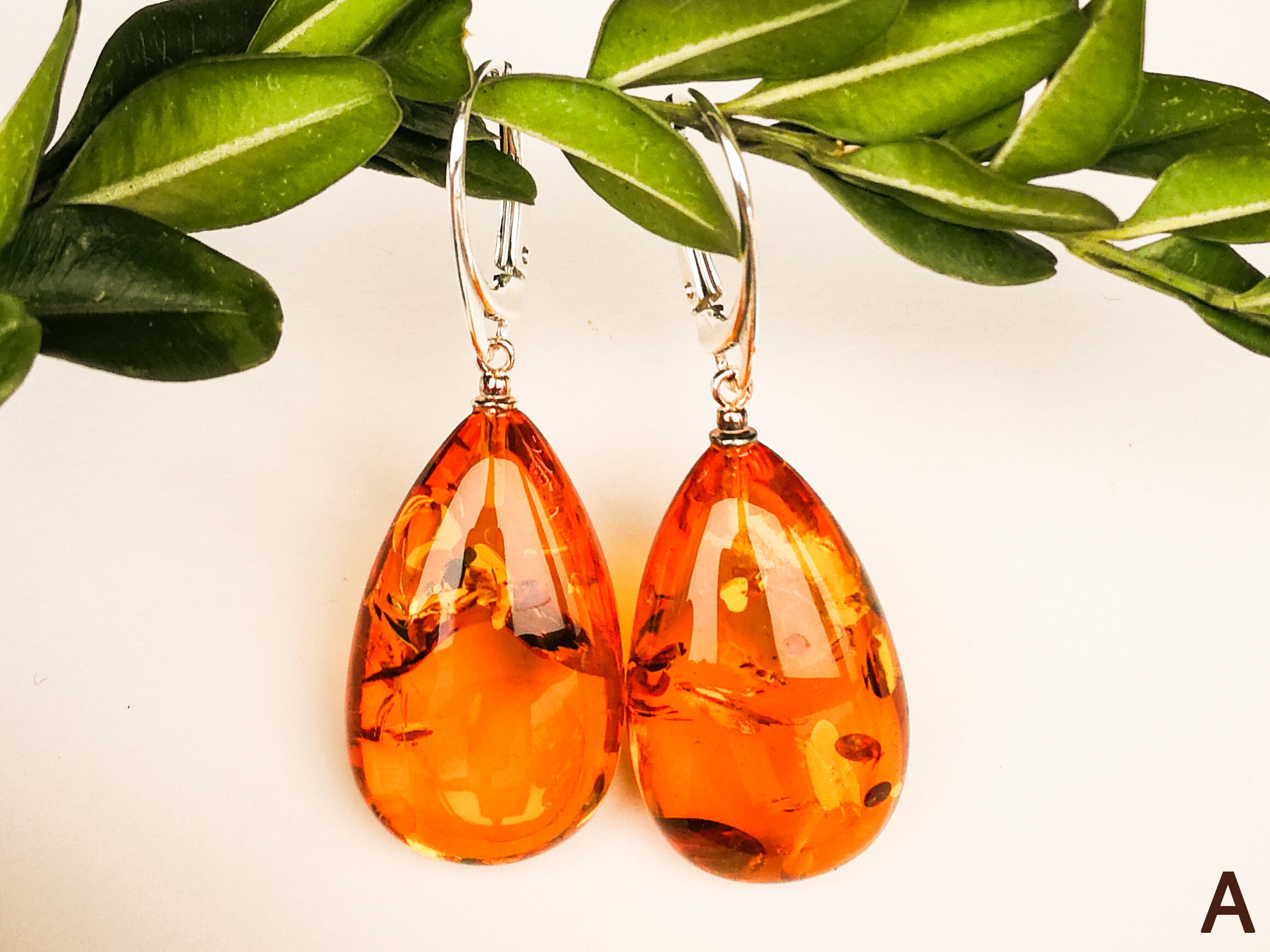 Dark cognac color natural amber drops earrings medium size | Etsy