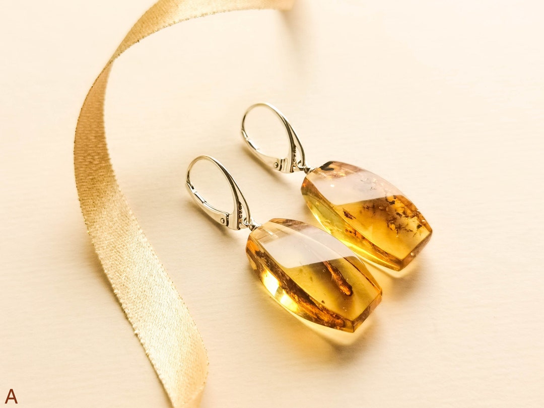 Natural Baltic Amber Green Color Earrings, Rectangle Faceted Shape ...