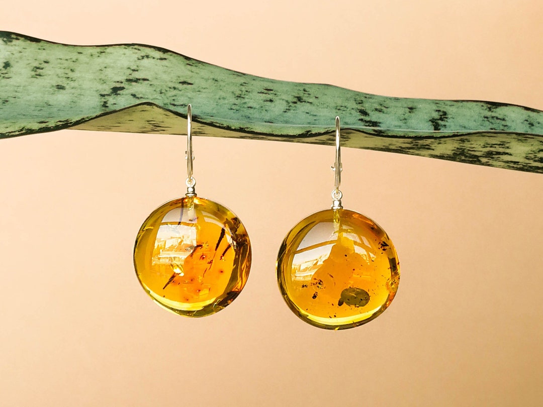 Round Bright Amber Earrings, Round Flat Cognac Color Amber Beads, Amber ...