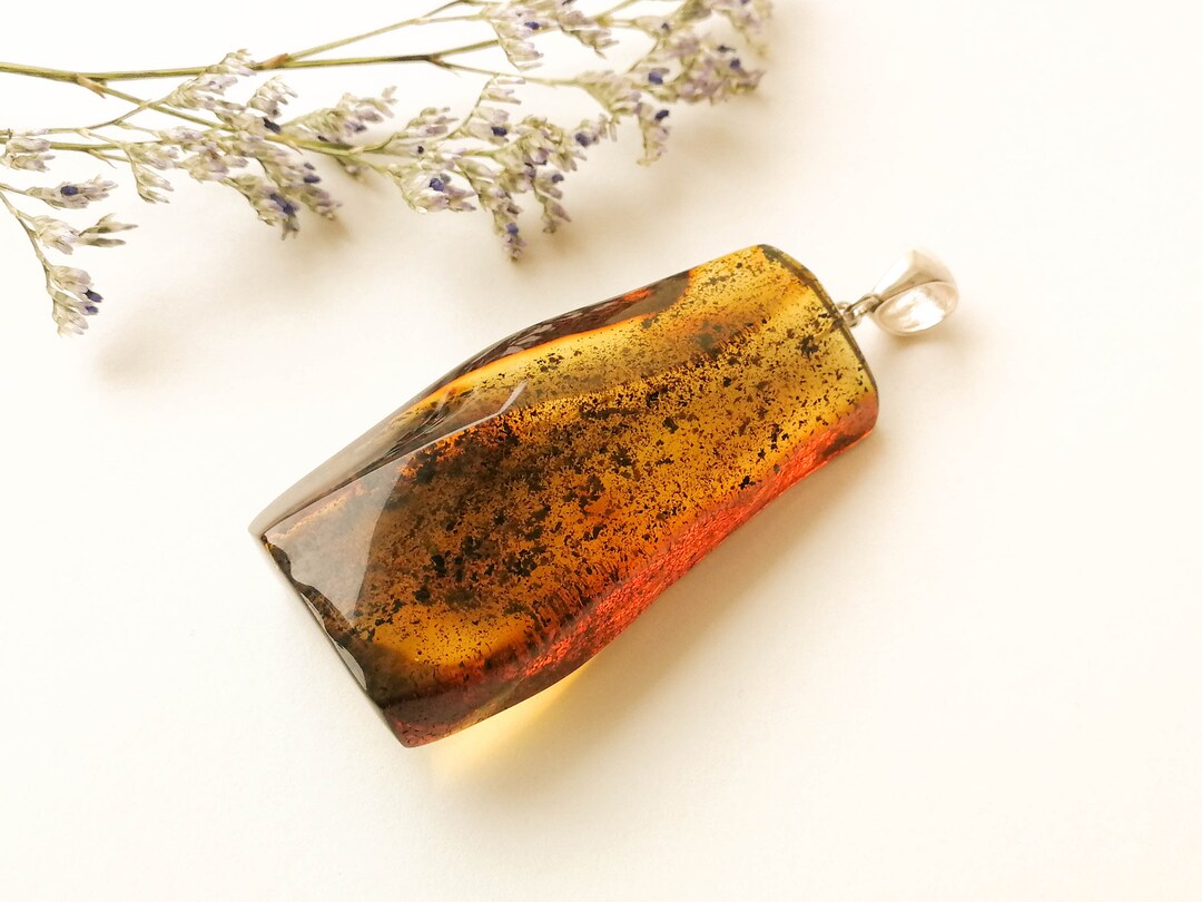 Unique Rectangle Amber Pendant, Light Green & Brown With Black Spots ...