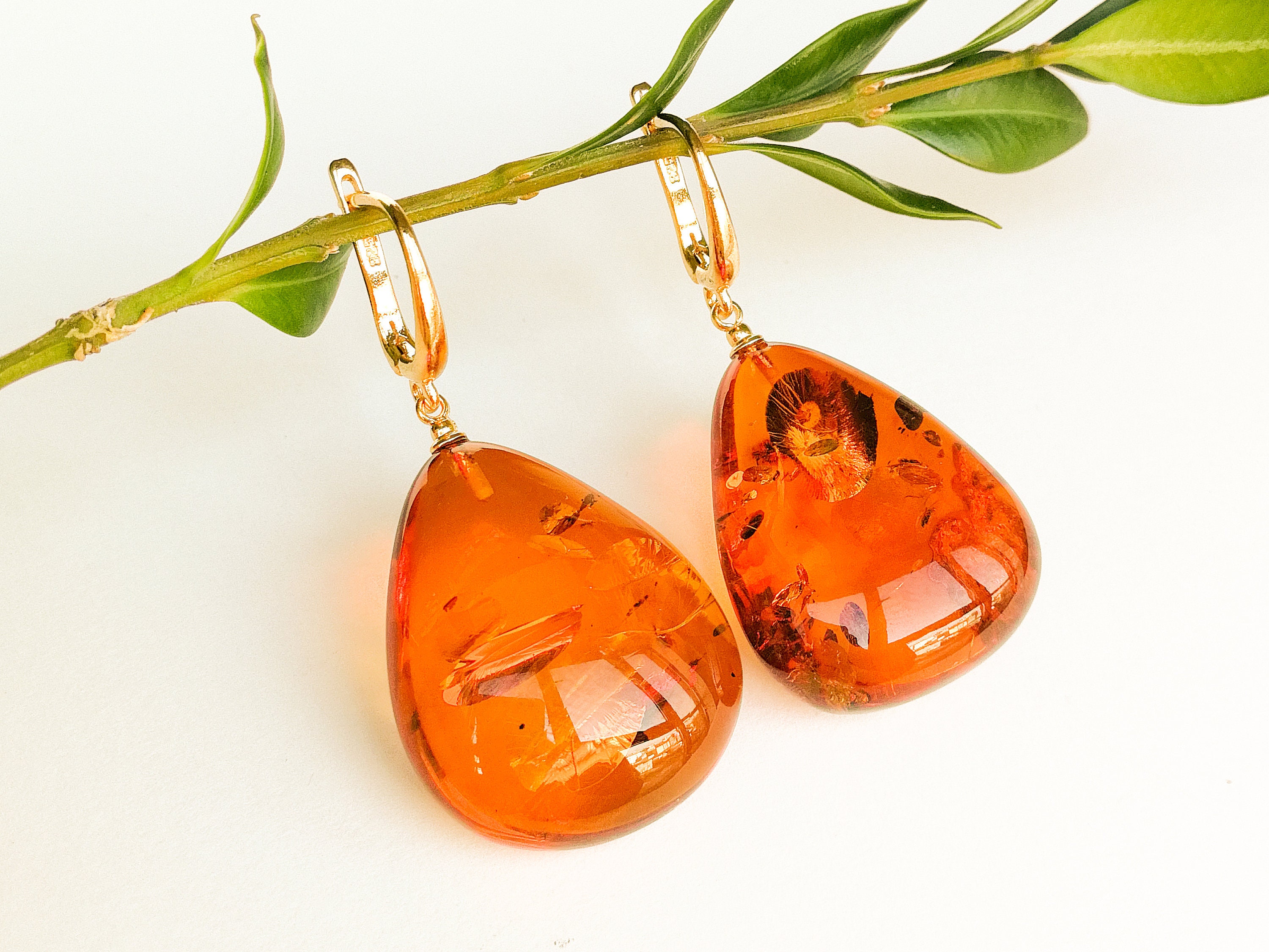 Natural amber large cognac color drops earrings for women | Etsy