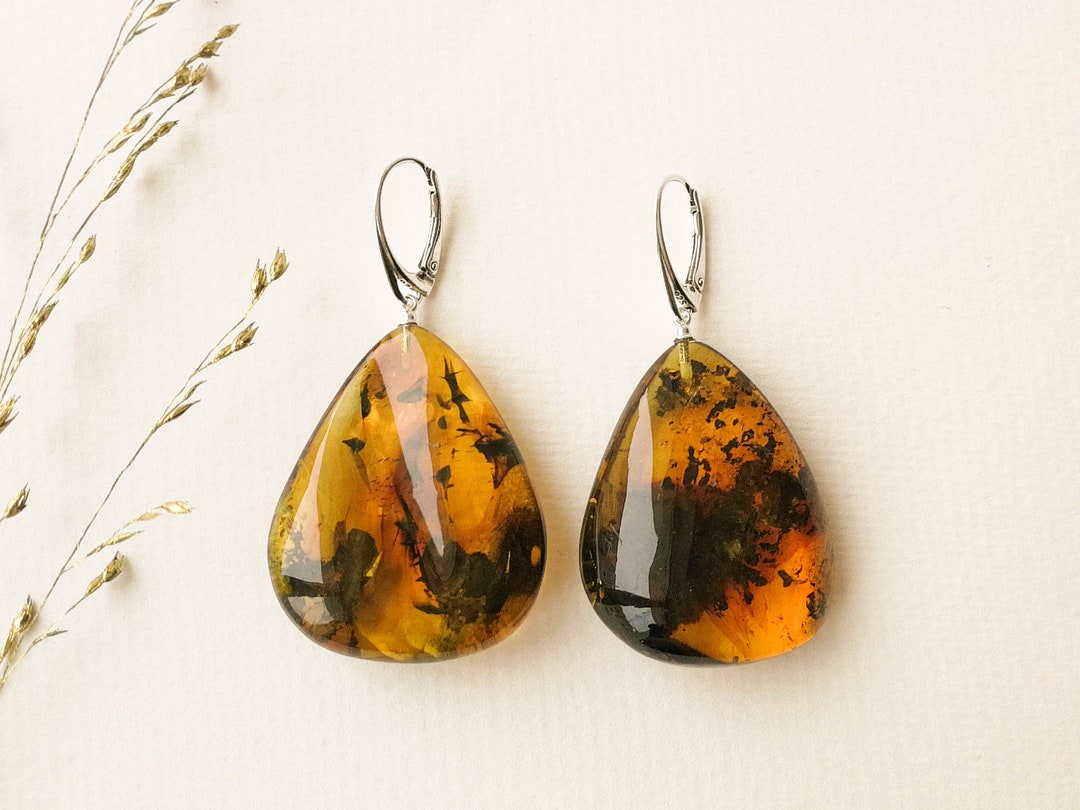 Triangle Drop Dark Green Color Natural Amber Earrings, Tusk Shape ...