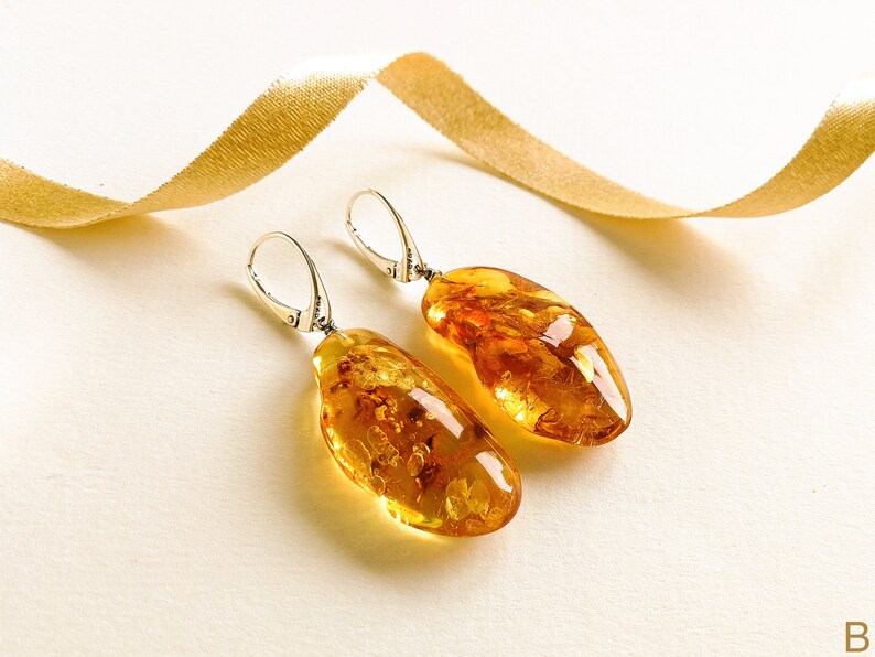Large Triangle Shape Natural Amber Earrings With Silver for - Etsy
