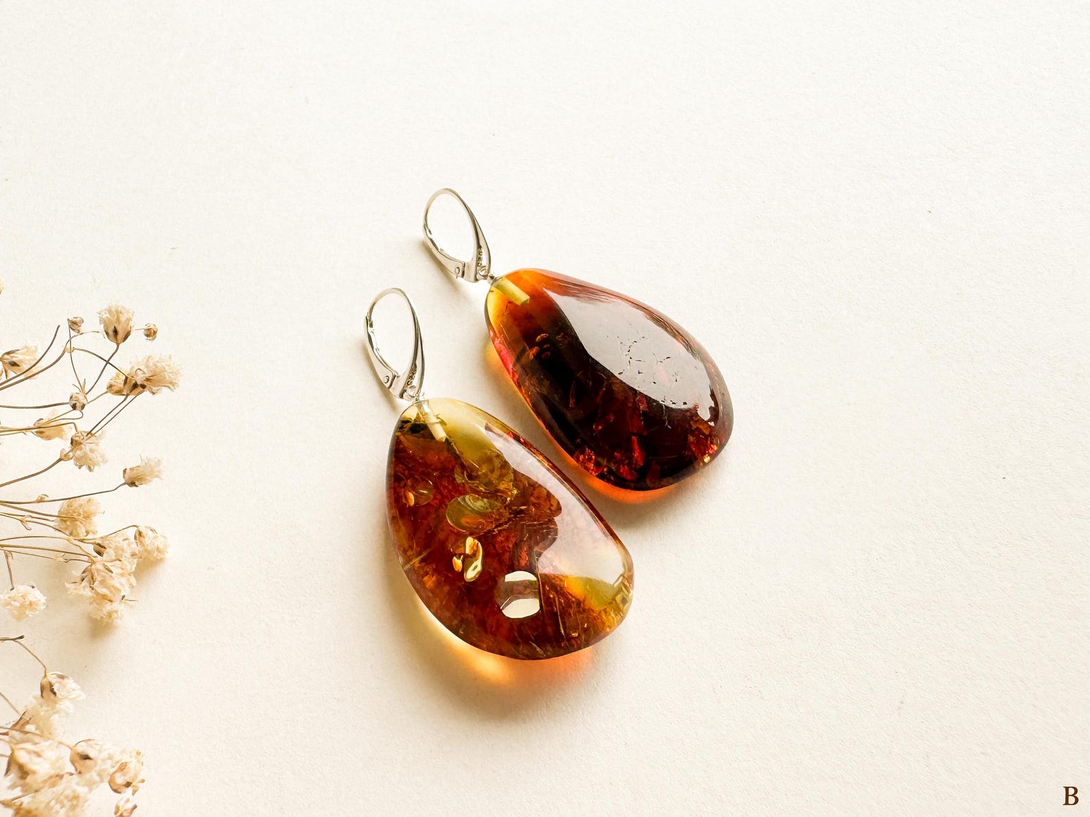 Large Triangle Shape Natural Amber Earrings With Silver for Women ...