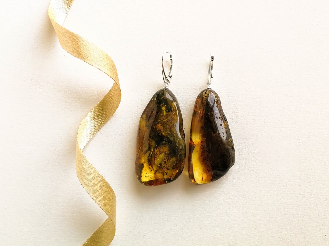 Triangle Drop Dark Green Color Natural Amber Earrings Tusk - Etsy