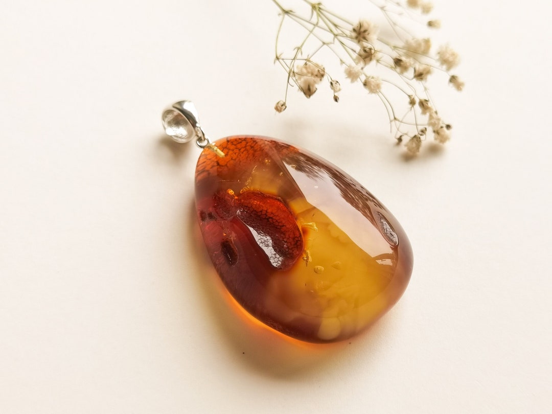 Golden Amber Large Pendant, Drop Shape Amber Pendant, Natural Baltic ...