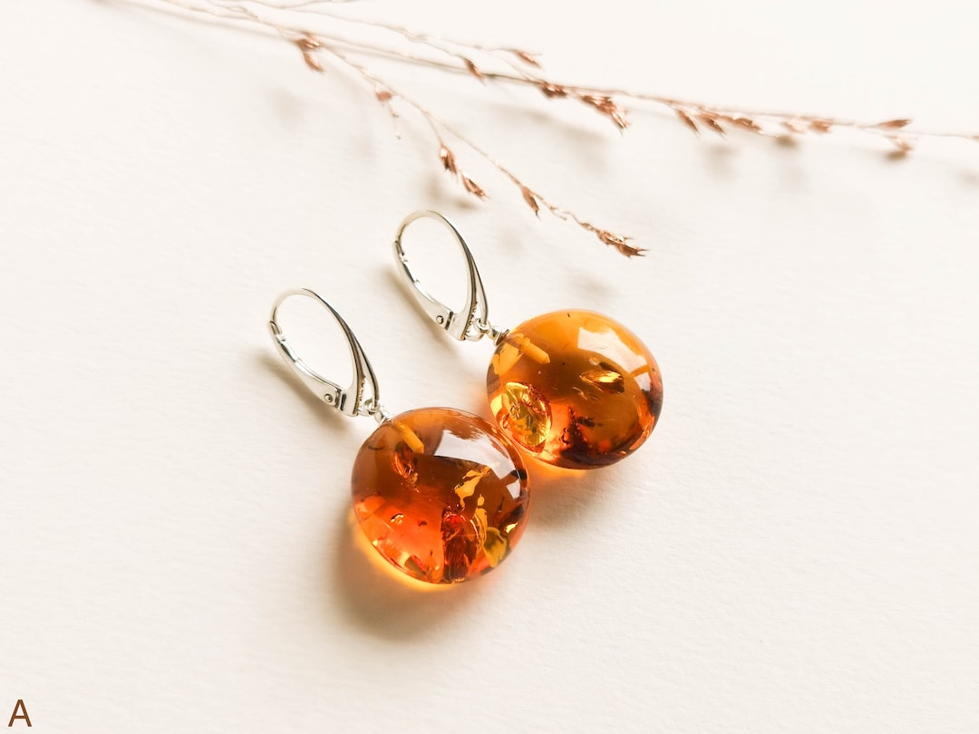 Golden Natural Amber Thick Round Shape Earrings/ Flat Round Amber Stone ...