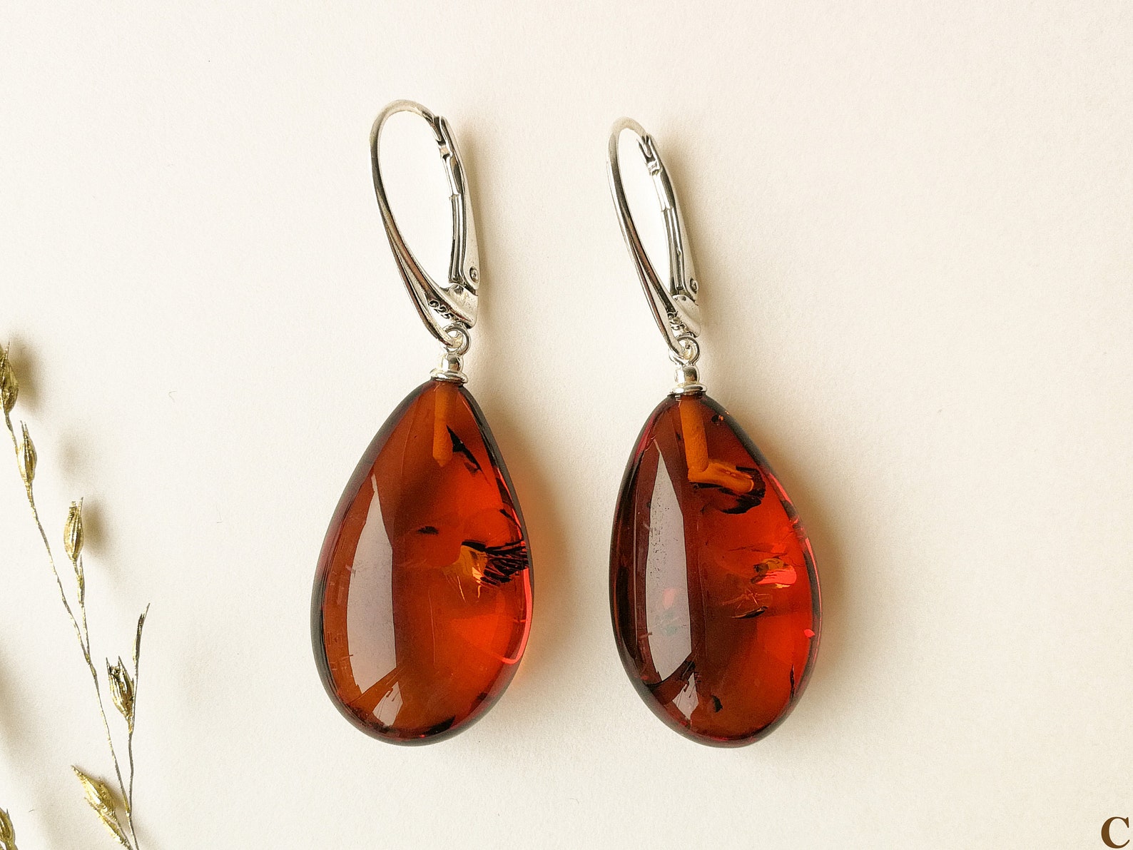 Dark Cognac Color Natural Amber Drops Earrings Medium Size Genuine ...