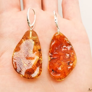Large Triangle Shape Natural Amber Earrings With Silver for Women ...