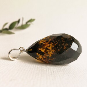 Faceted Amber Dark Color Drop Pendant With Silver, Raw Black Untreated ...