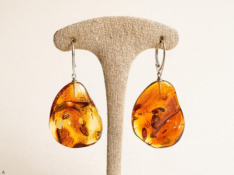 Large Triangle Shape Natural Amber Earrings With Silver for Women ...