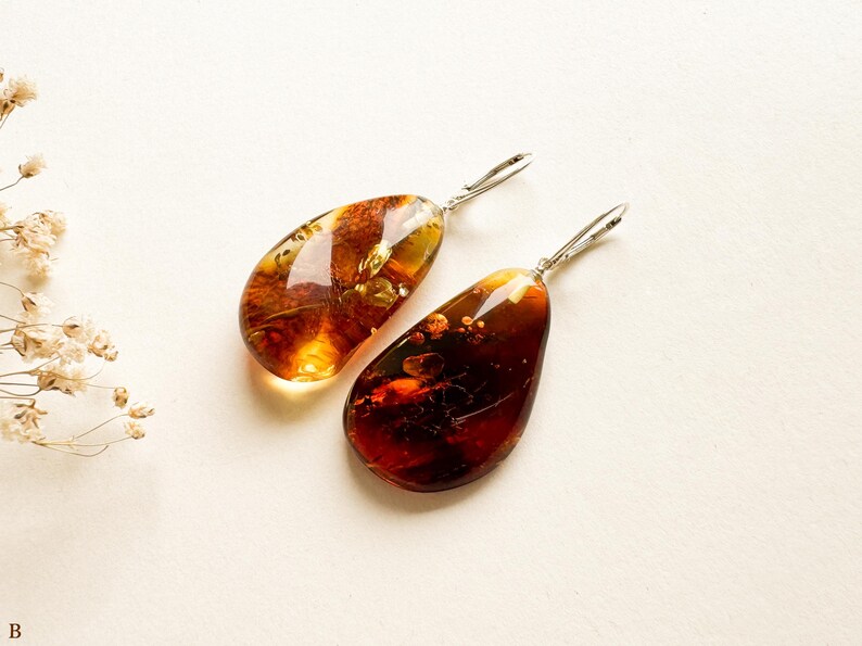Large Triangle Shape Natural Amber Earrings With Silver for Women ...