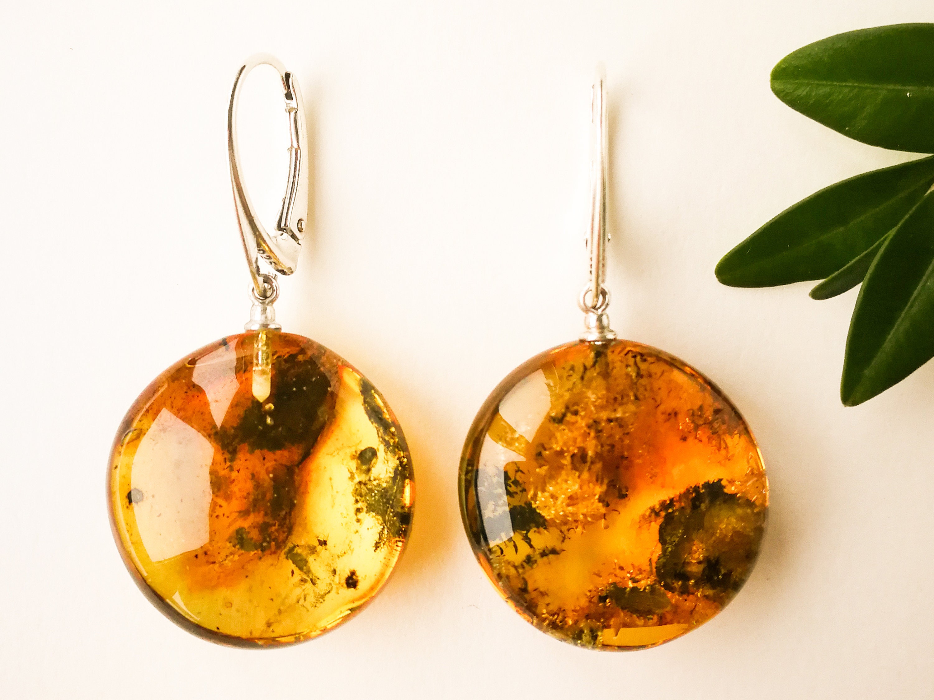 Pendientes de ámbar verde natural brillante grandes | Etsy