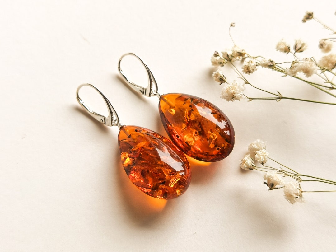 Massive Cognac Color Natural Amber Drops Earrings, Genuine Baltic Amber ...