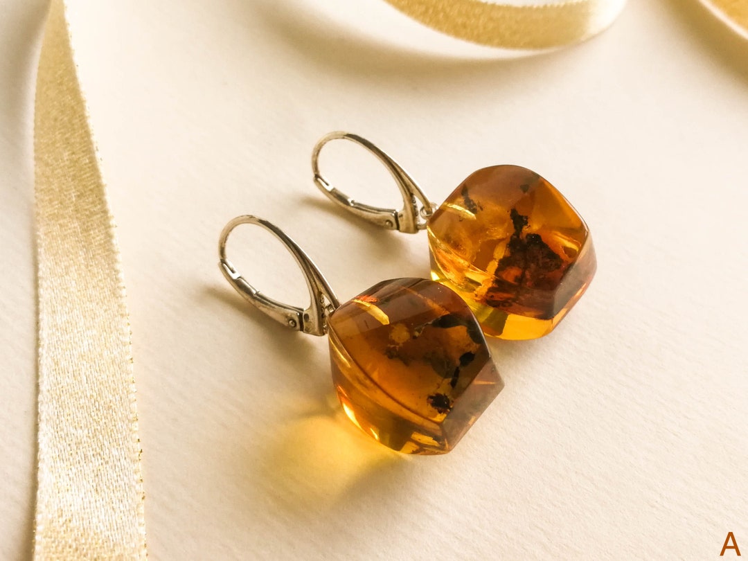 Natural Baltic Amber Green Color Earrings Fragments Faceted, Subtle ...