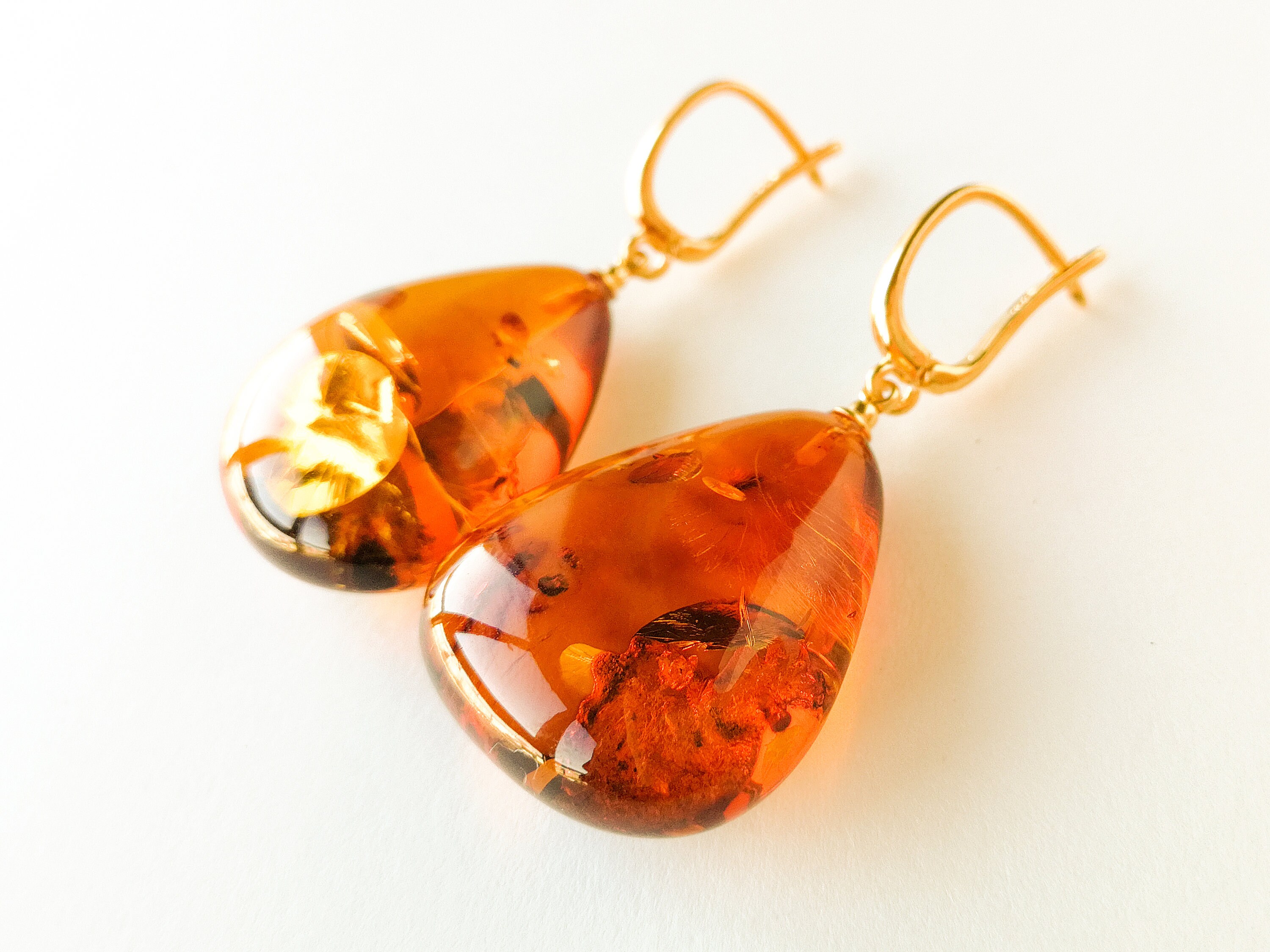 Natural amber large cognac color drops earrings for women | Etsy