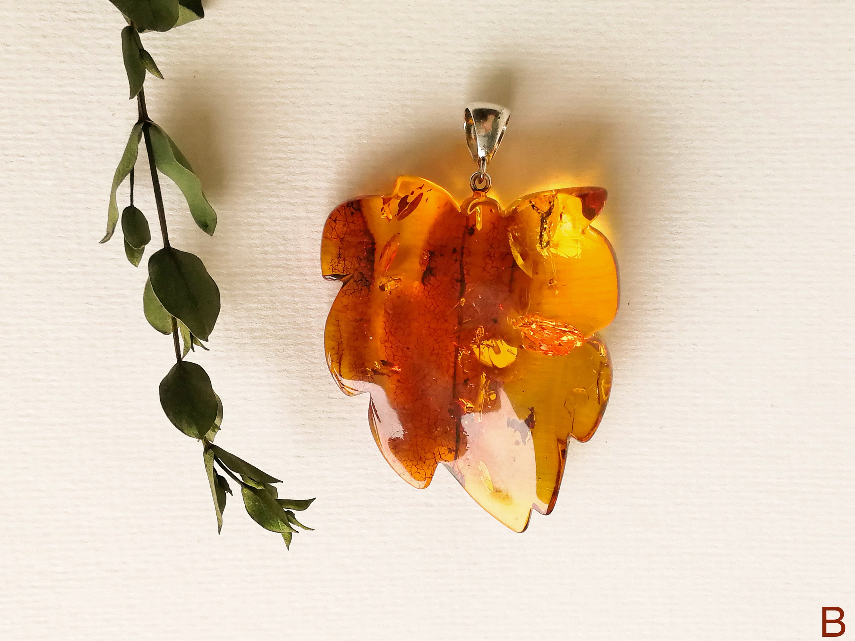 Cognac Color Amber Large Leaf Pendant, Carved Amber Pendant Leaf With ...