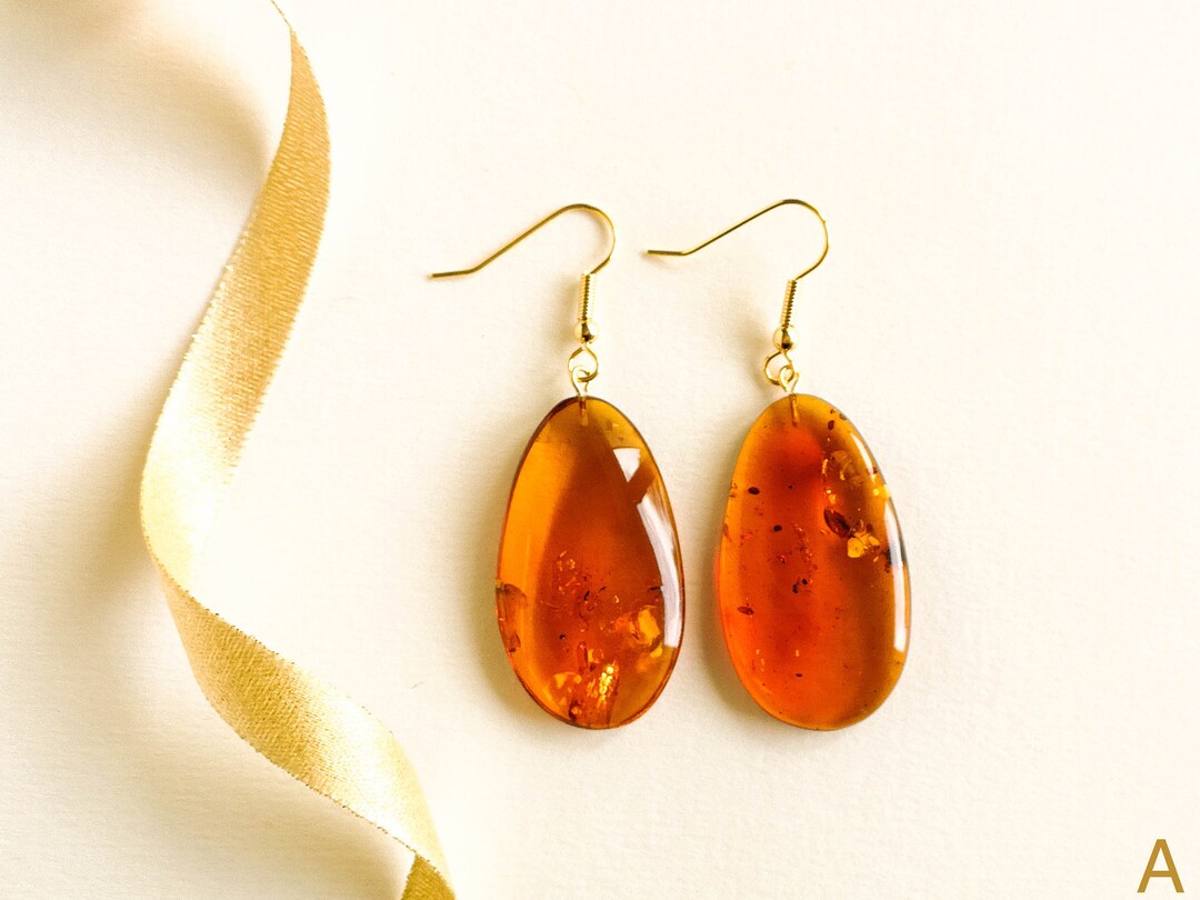 Golden Natural Amber Massive Drop Shape Earrings/ Huge Amber Stone ...