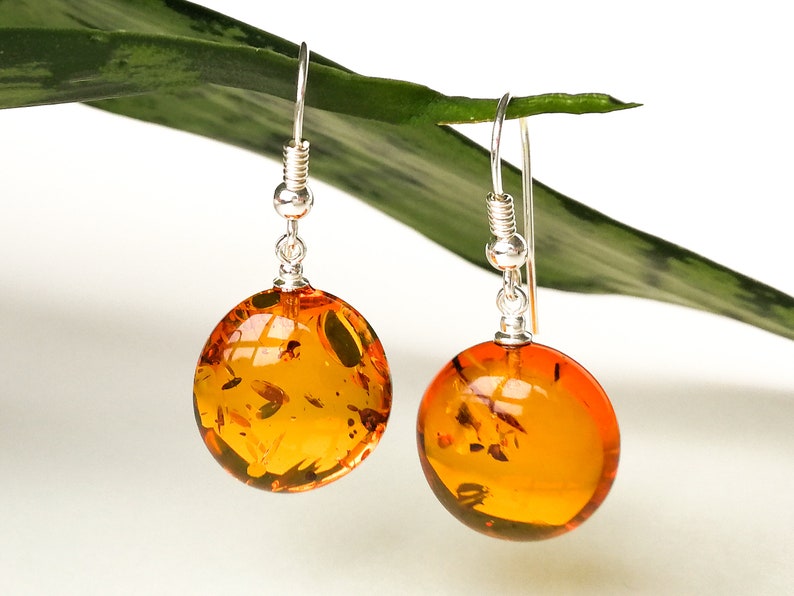 Golden natural amber thick round shape earrings/ flat round | Etsy