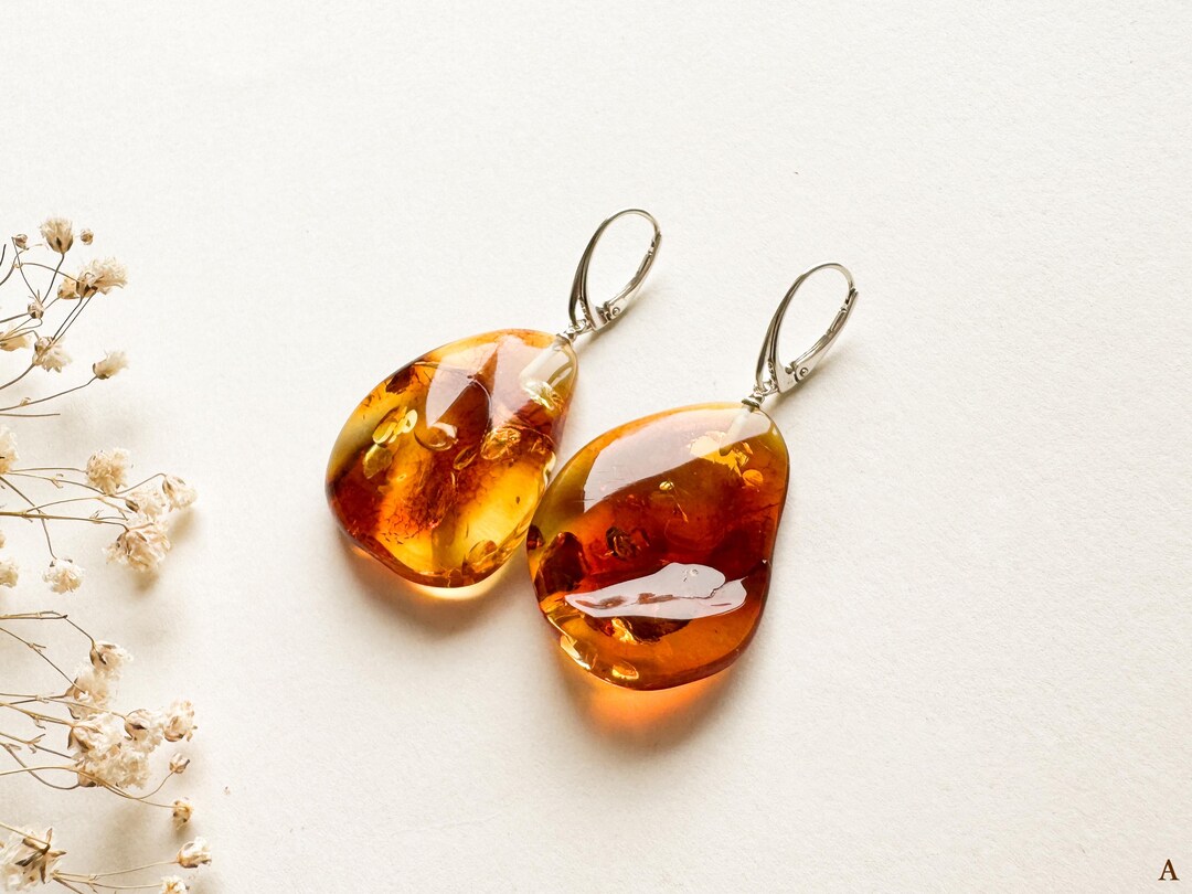 Large Triangle Shape Natural Amber Earrings With Silver for Women ...