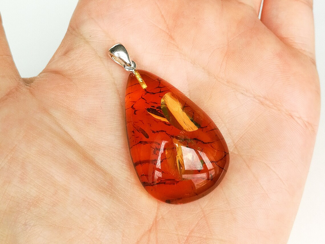 Bright Cognac Color Amber Drop Pendant With Silver Medium | Etsy