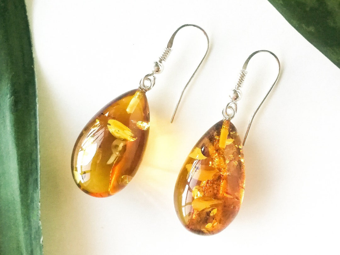 Golden Natural Amber Massive Drop Shape Earrings/ Large Amber Stone ...