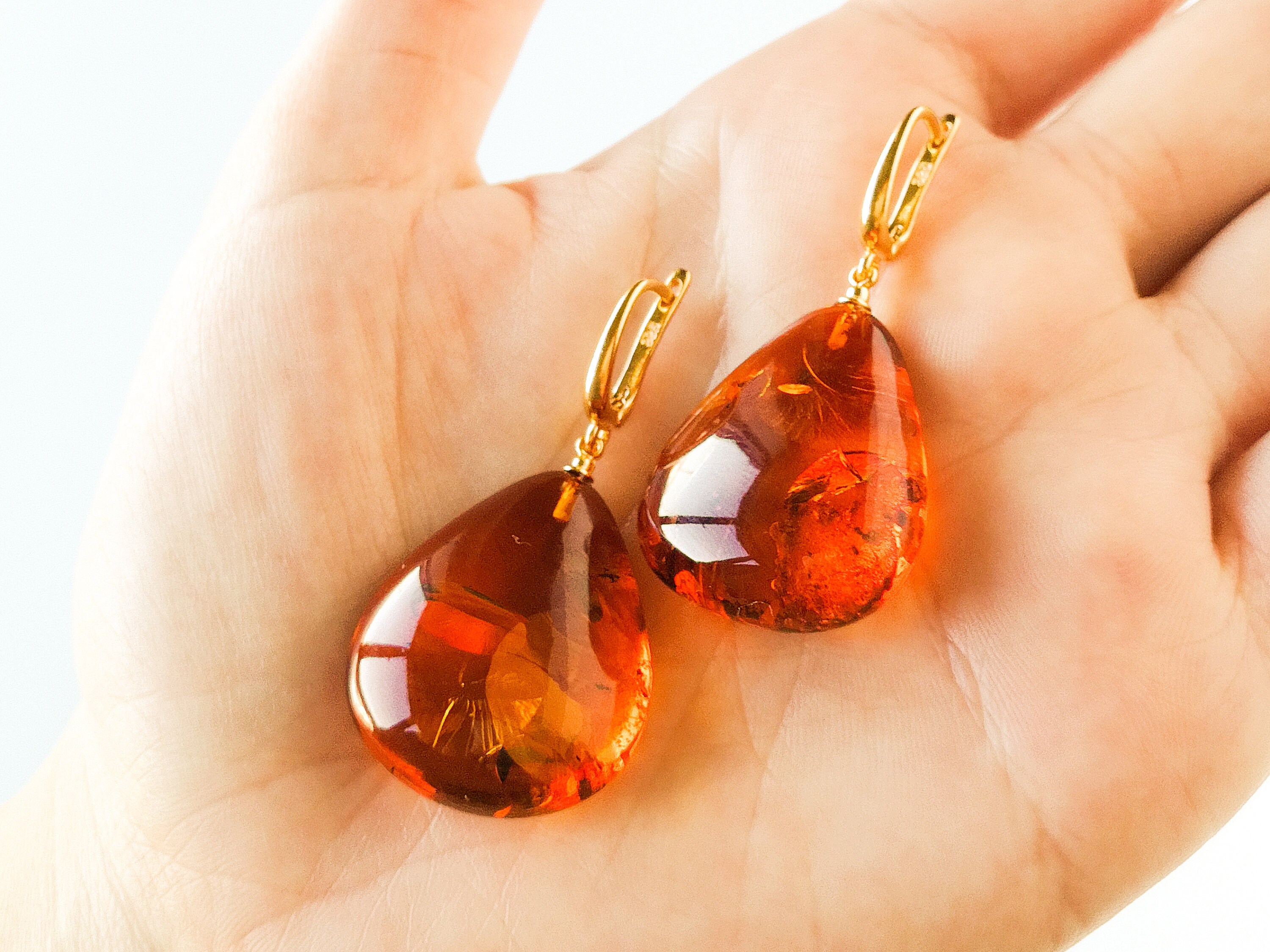 Natural amber large cognac color drops earrings for women | Etsy