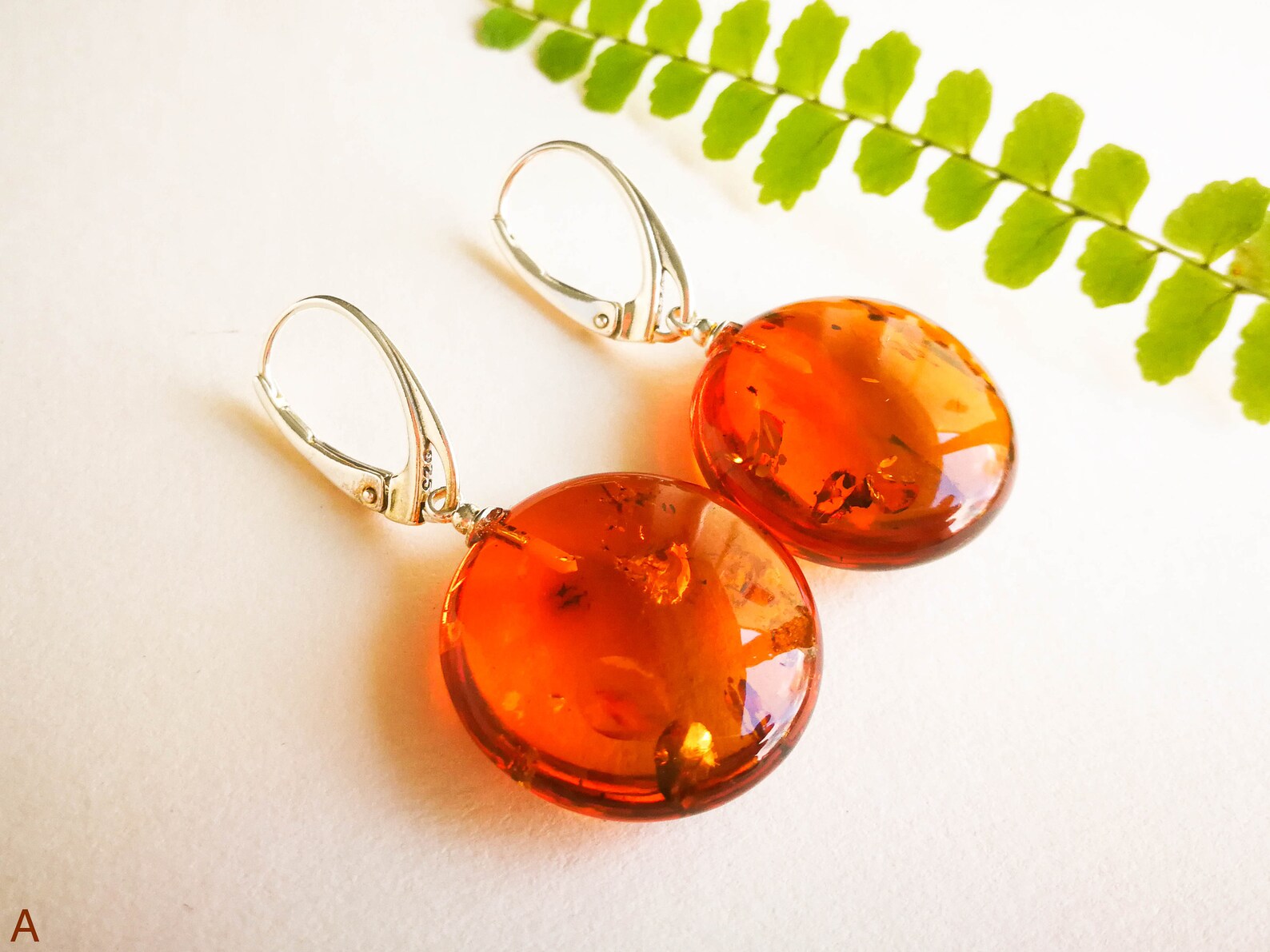 Golden Natural Amber Thick Round Shape Earrings/ Flat Round | Etsy