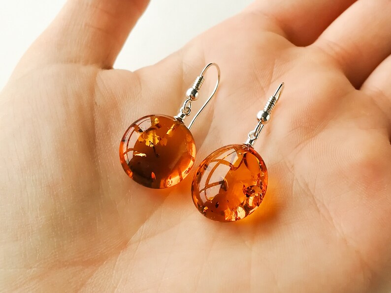 Golden natural amber thick round shape earrings/ flat round | Etsy